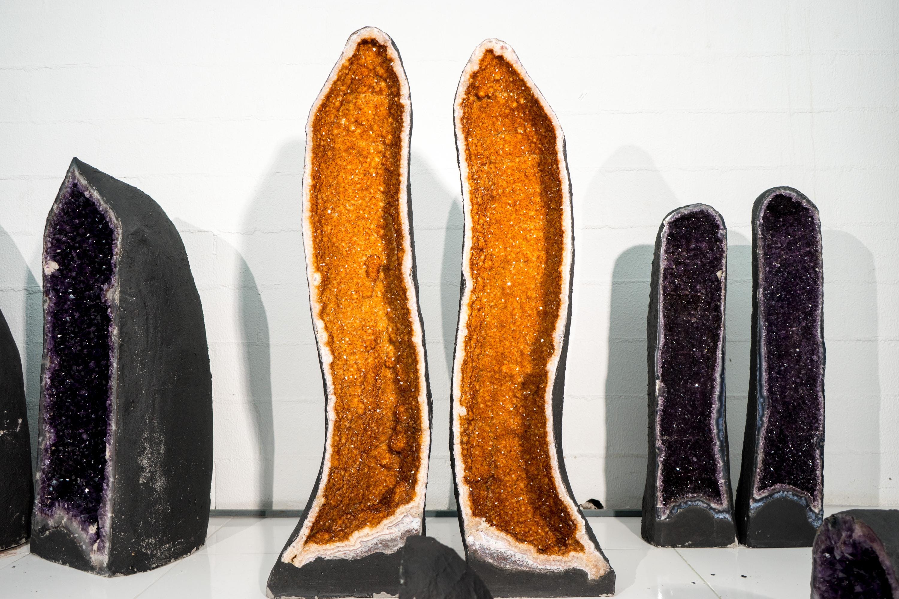 Pair of Sculptural X- Large AAA Golden Orange Citrine Geodes, 4.5 Ft.
