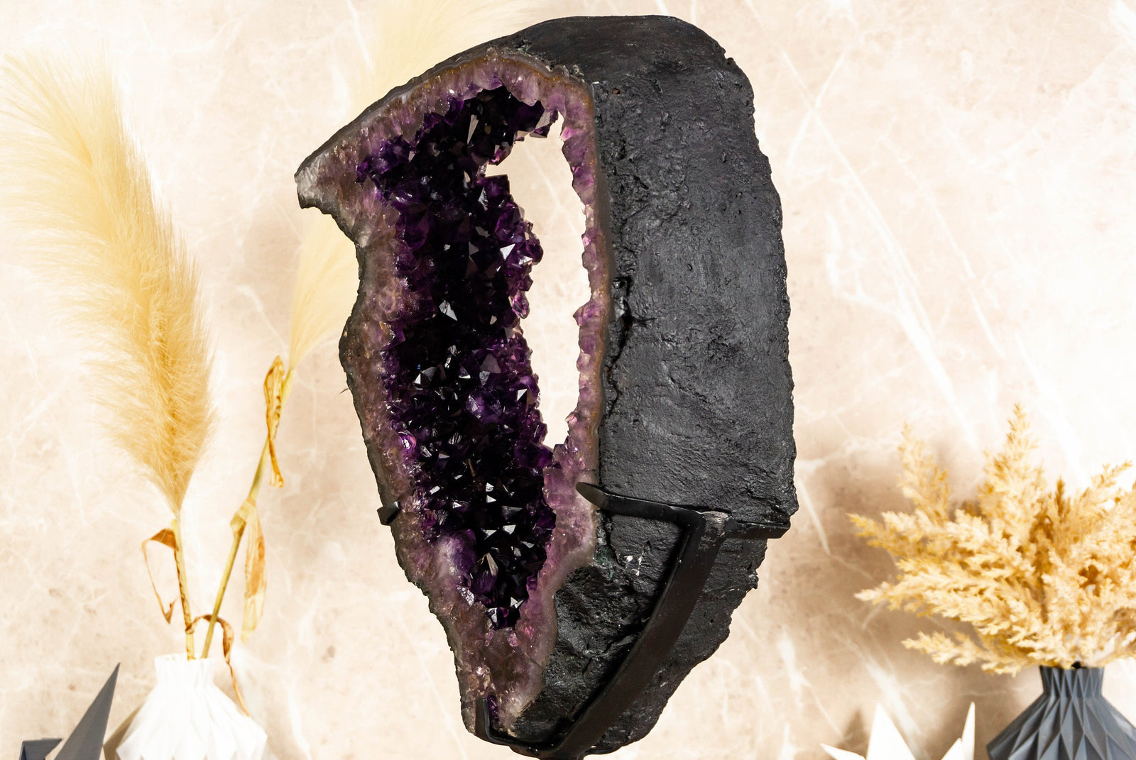 AAA Dark Purple Amethyst Geode Slice on 360 Stand, Double Sided | E2D