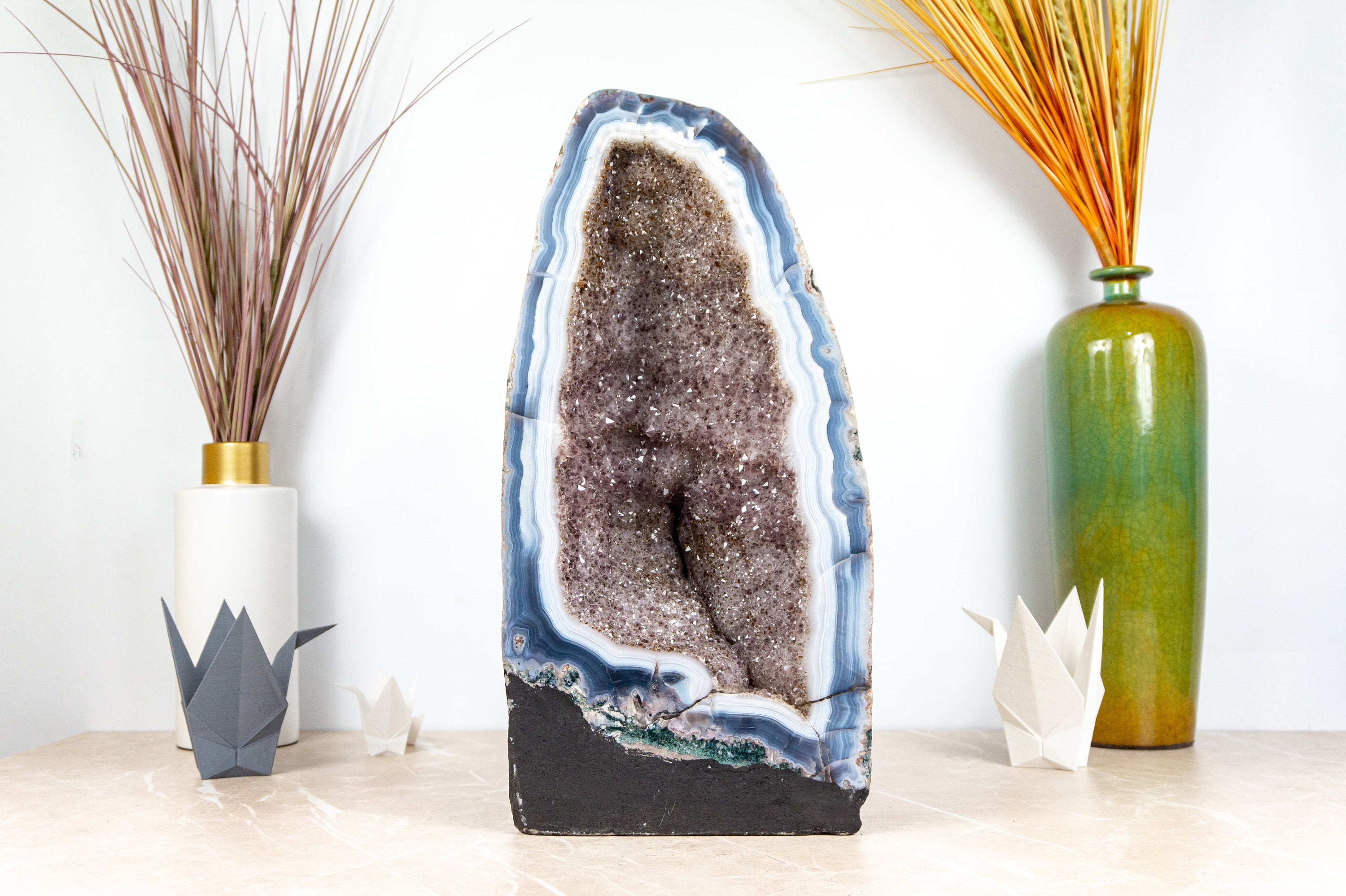 Blue and White Lace Agate Geode w Golden Goethite Galaxy | E2D