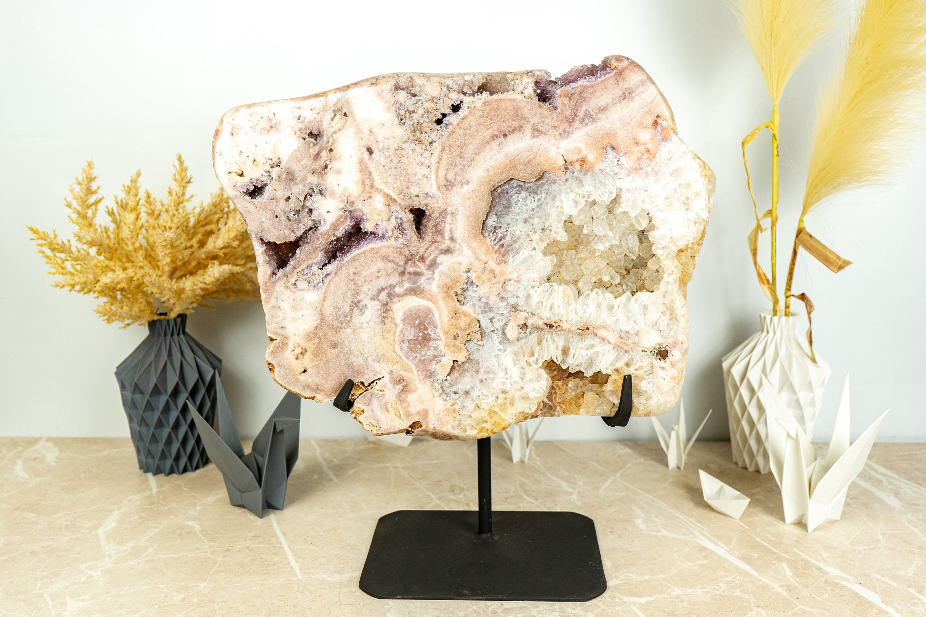 Rare Pink and White Amethyst Geode with Shiny Colorful Druzy, Natural