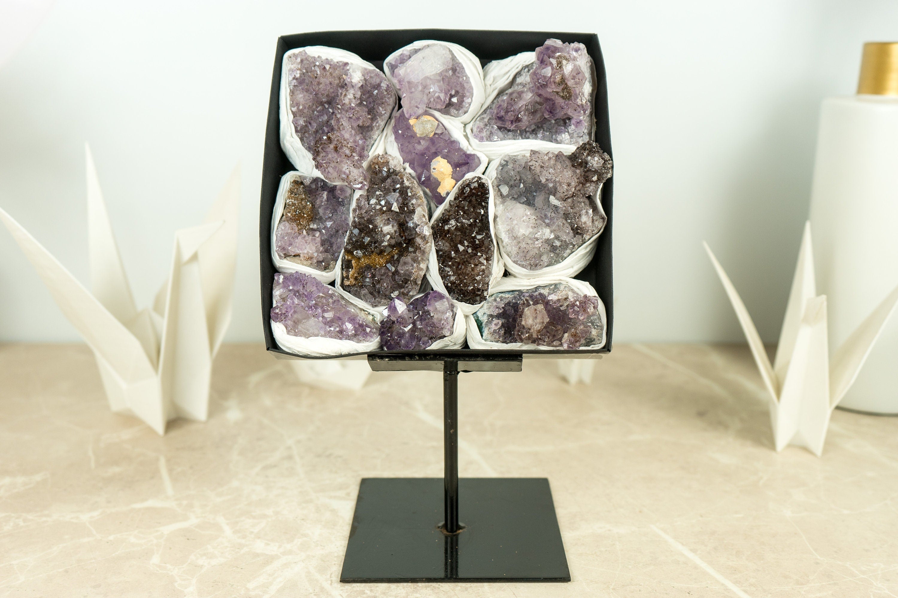Flat Box of Rare Display Amethyst Crystal Clusters, Wholesale Bulk Lot