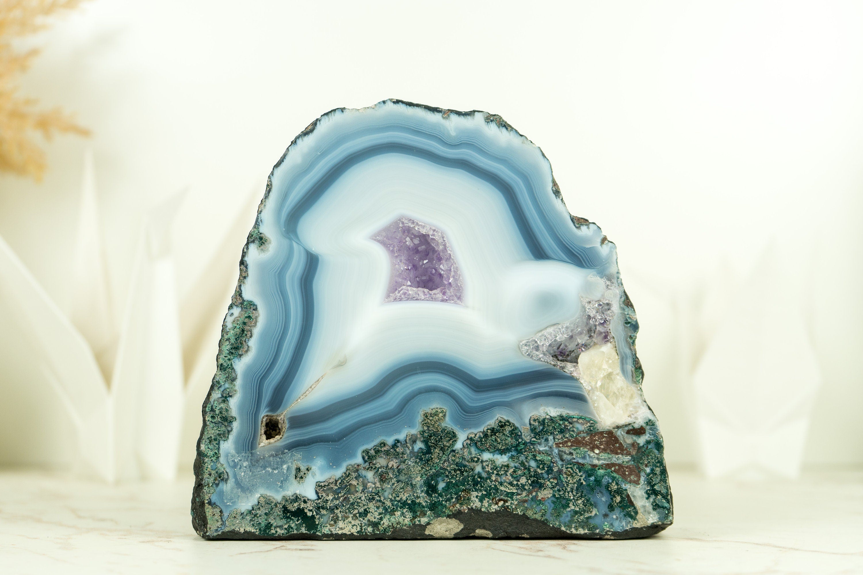 Small Natural White and Blue Lace Agate Geode with Moss Agate Inclusio