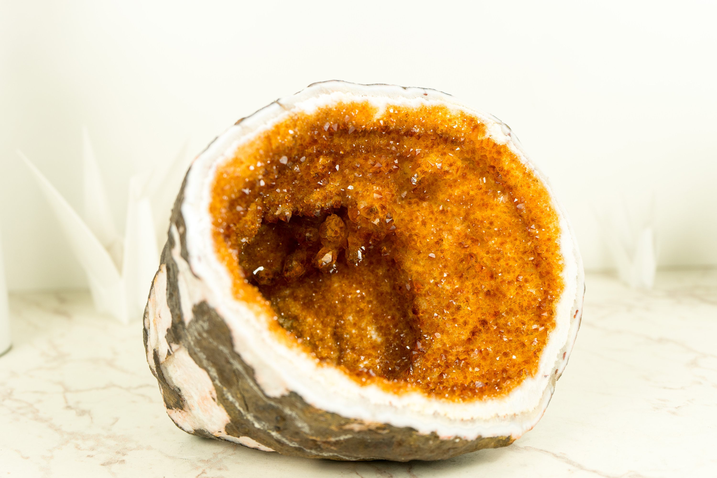 Natural Citrine Geode Cave with Galaxy Citrine Druzy and Flower Rosett