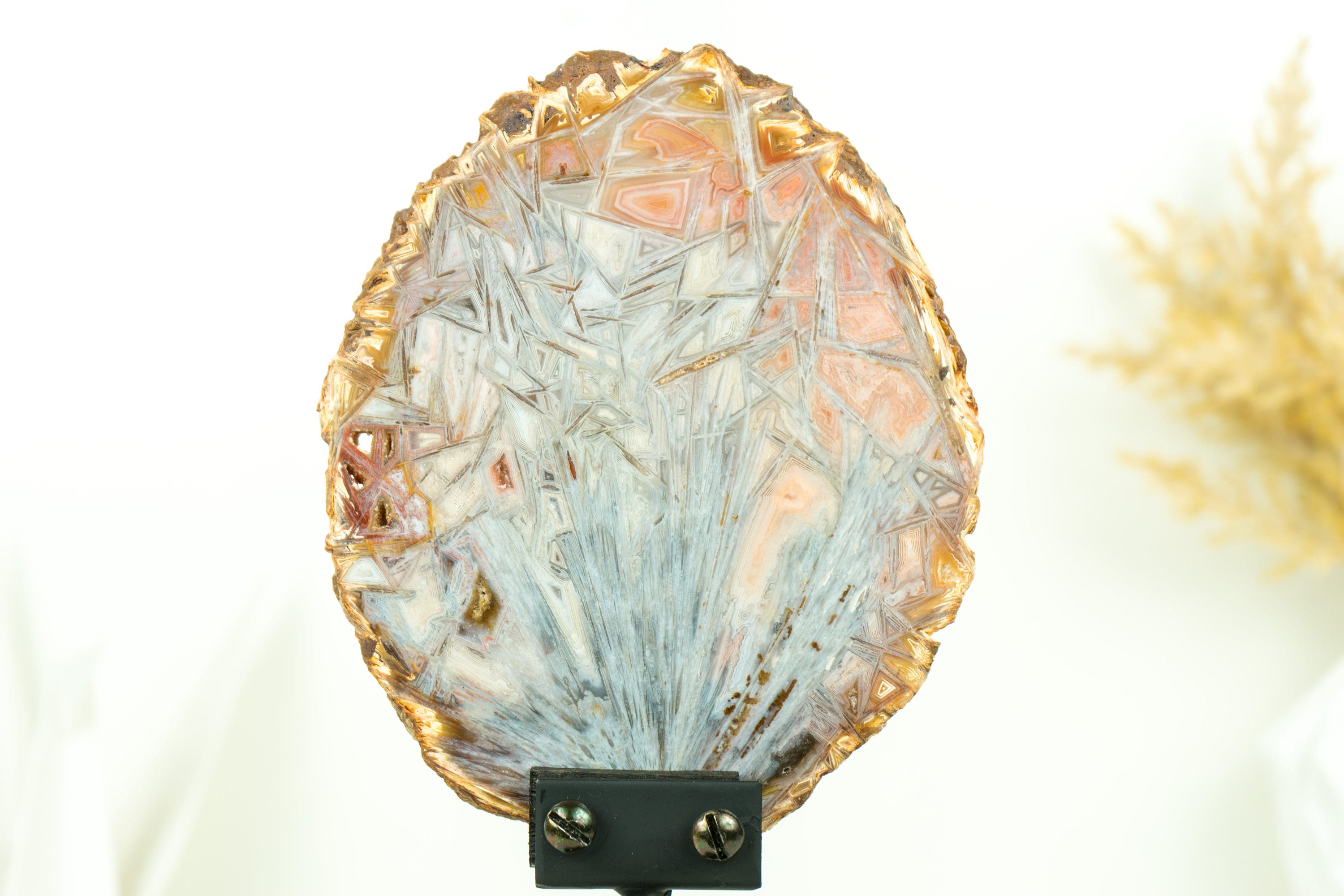 Agate Slice with Polyhedroid and Pseudomorph Tube Inclusions, Pink and ...